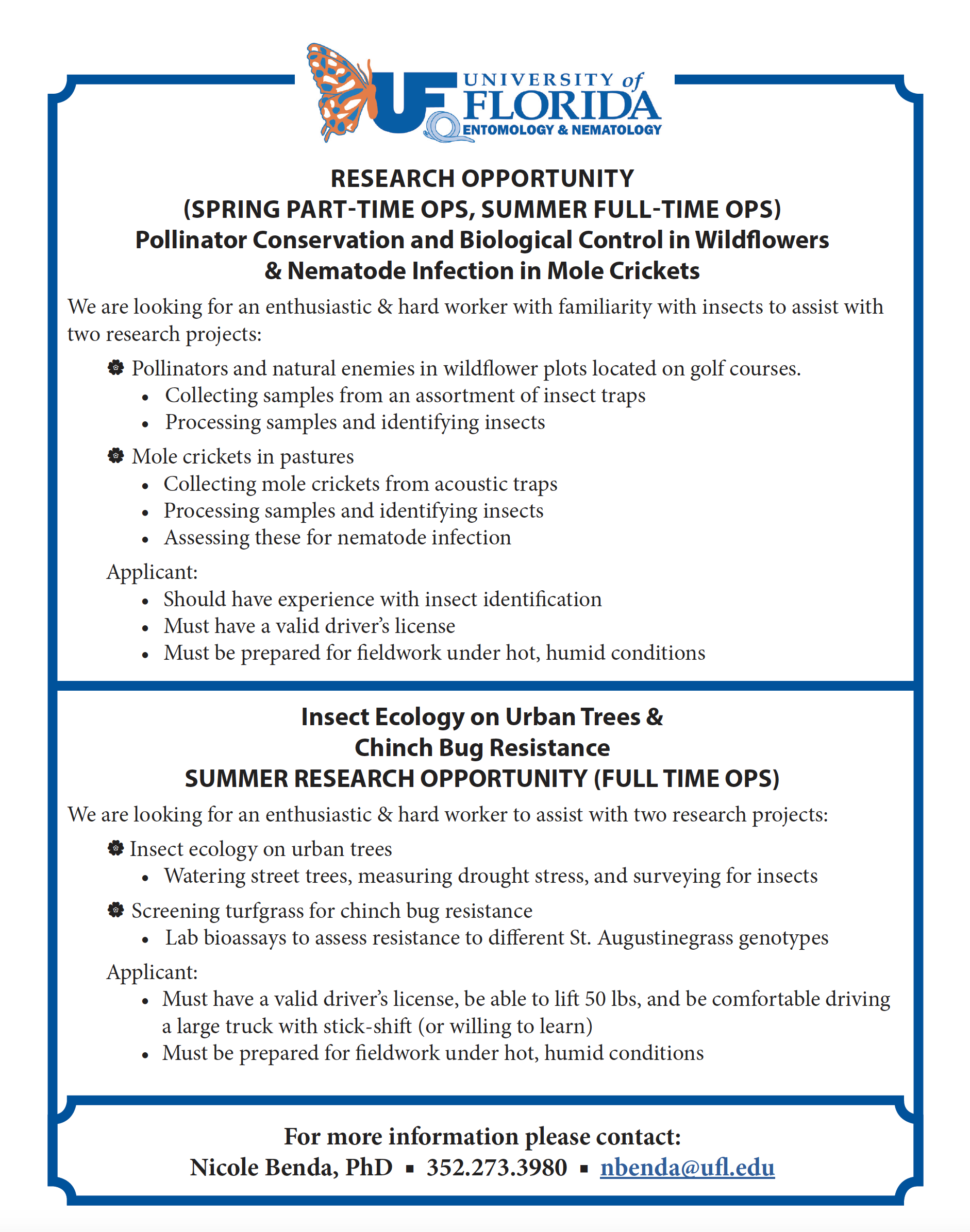 Research Assistant Positions | Urban Landscape Entomology